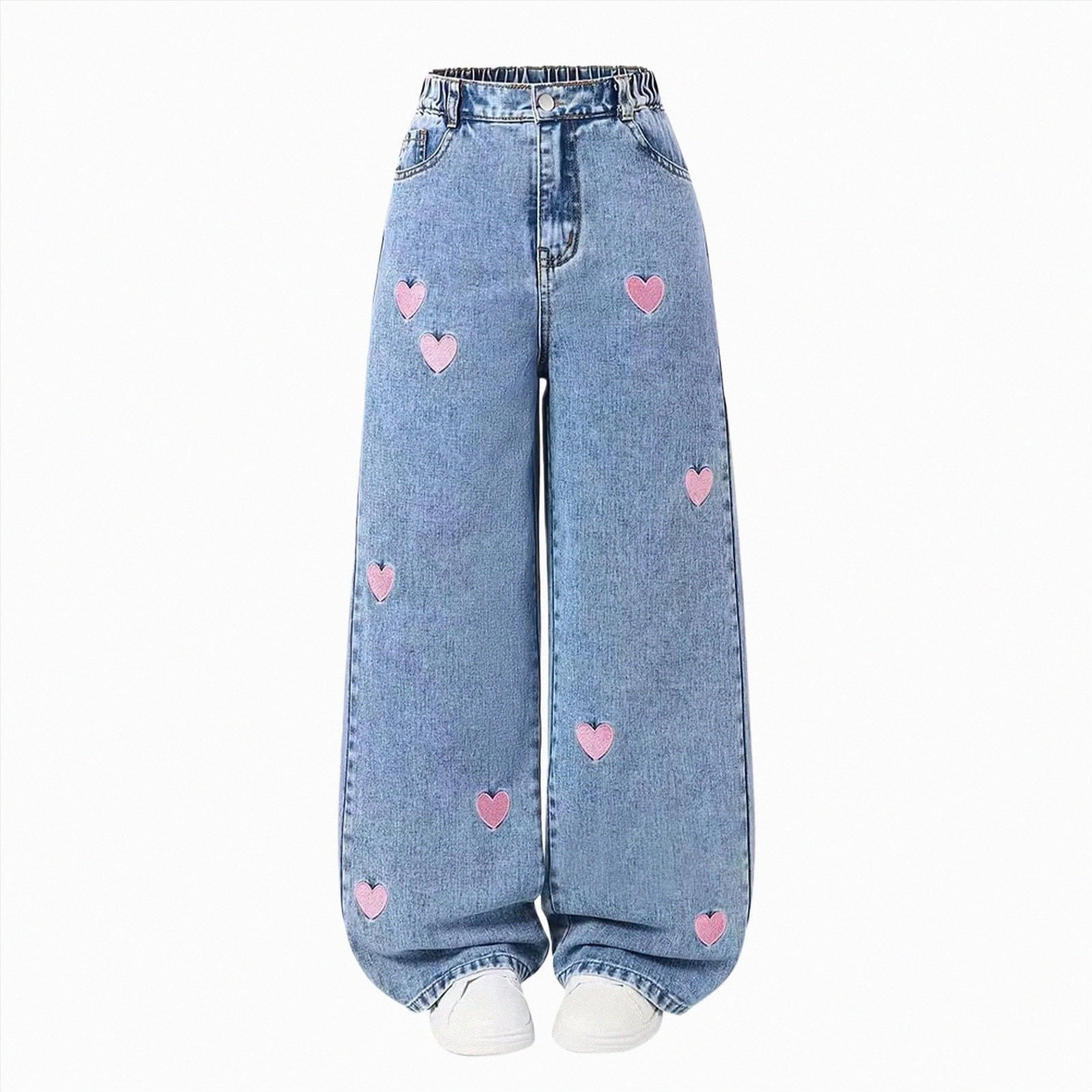 CAUYDY Girls Baggy Jeans Heart Print Distressed Denim Pants Elastic ...