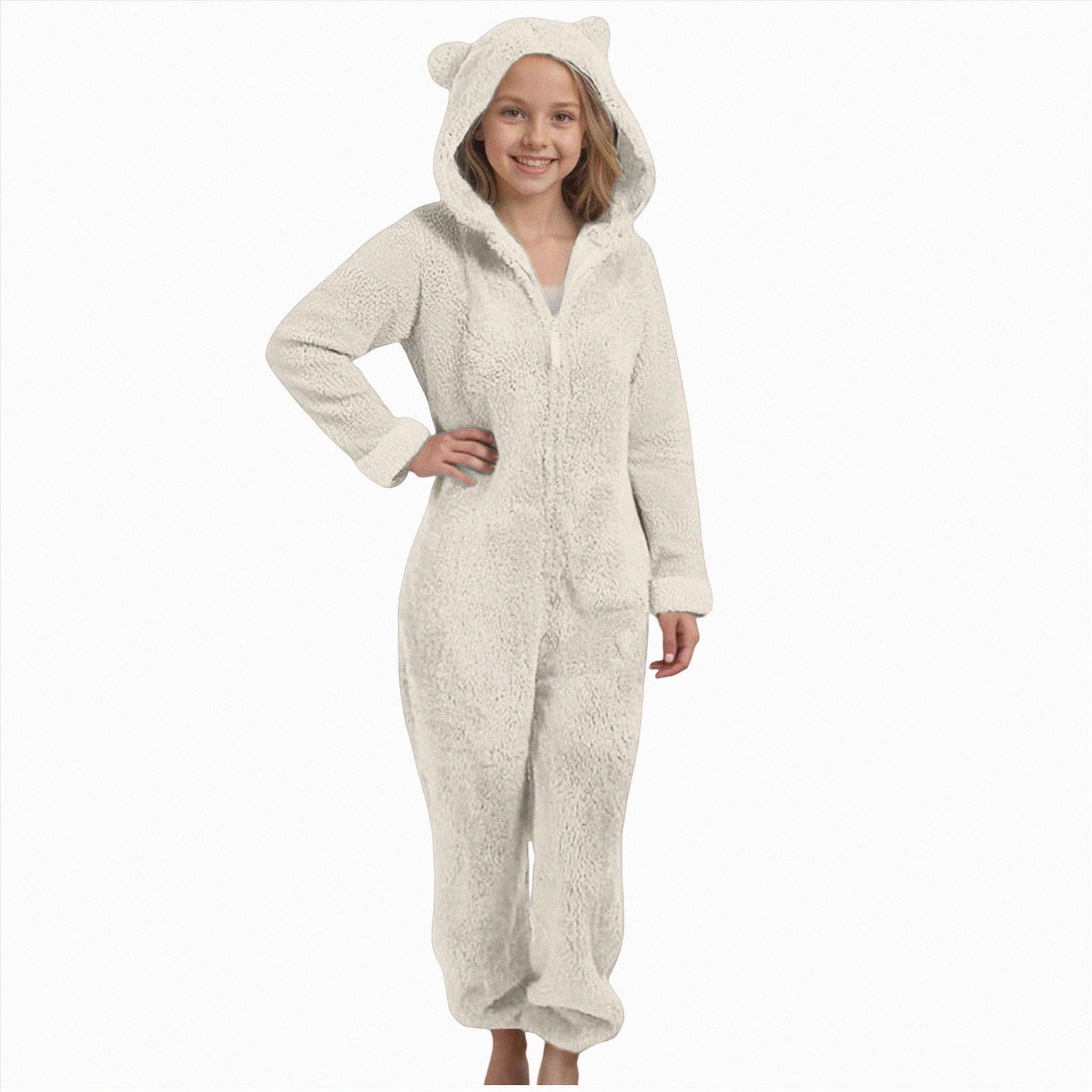 CAUYDY Girls Fleece Onesie Footed Kids Cute Ear Hood Zip Up Jumpsuit ...