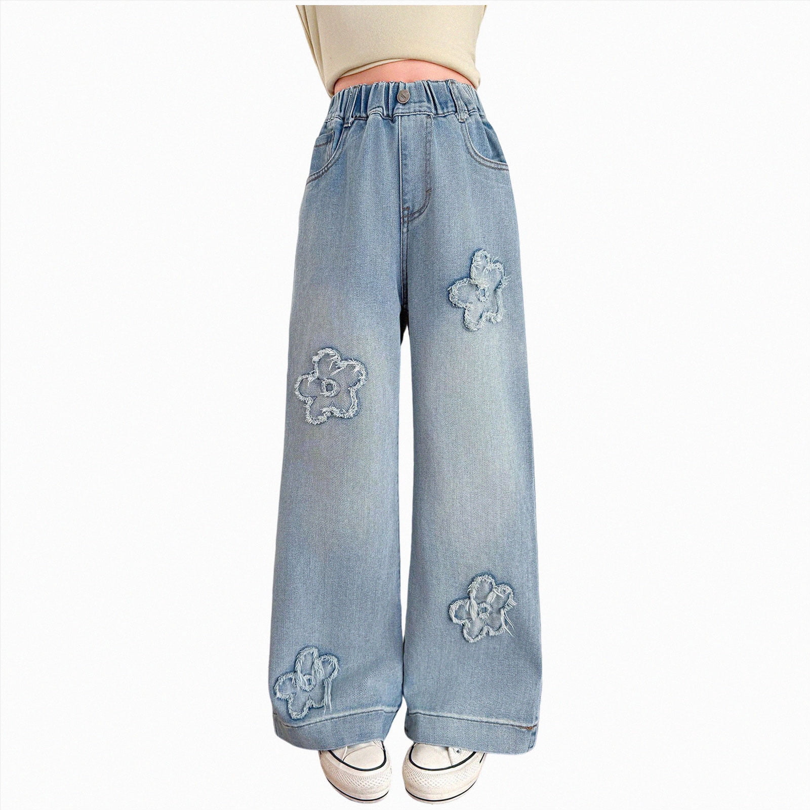 CAUYDY Girls Jeans, Ribbed Elastic Waist Cute Flower Embroidered Denim ...