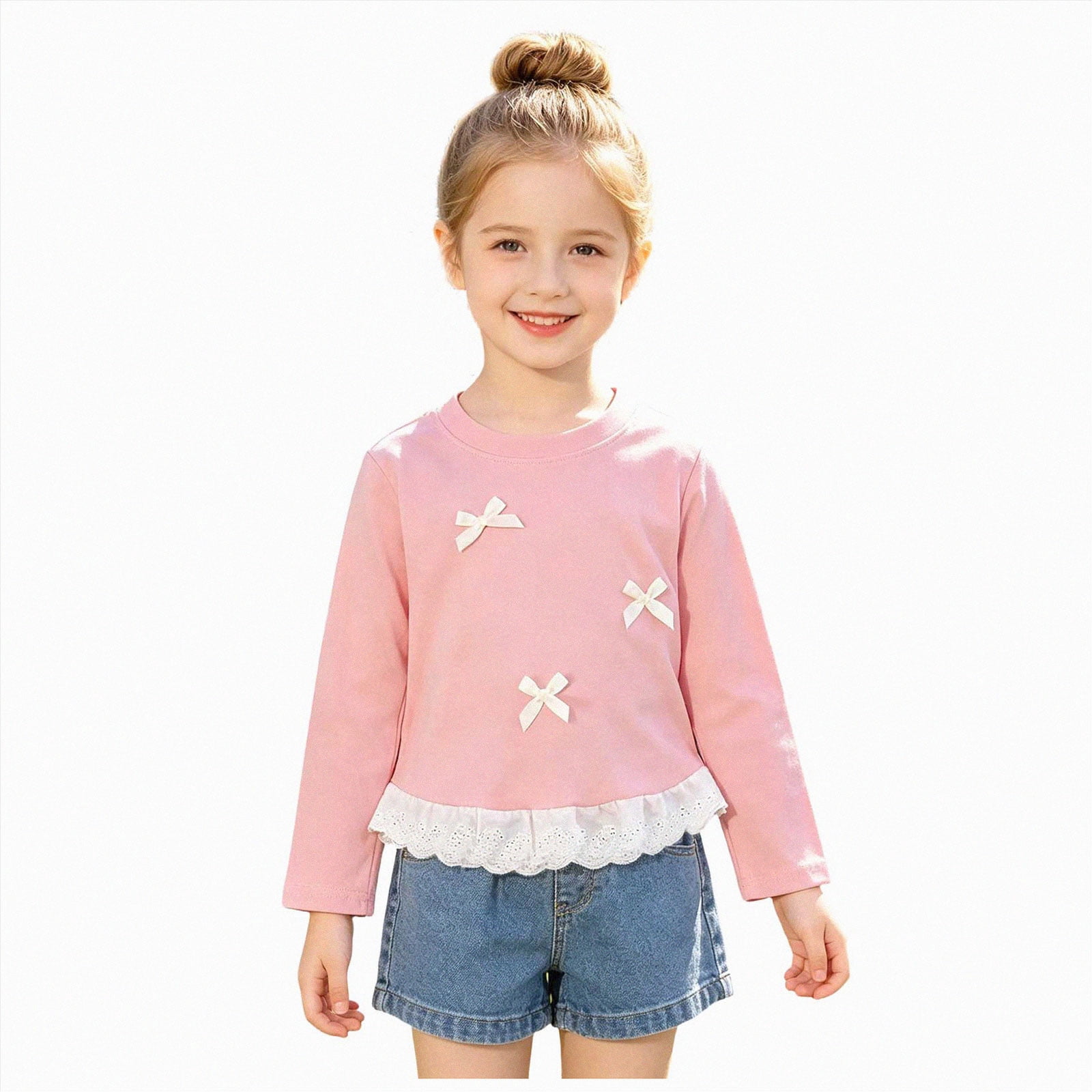 CAUYDY Girls Long Sleeve Crew Neck Top, Solid Light Blue 3 Bow Decor ...