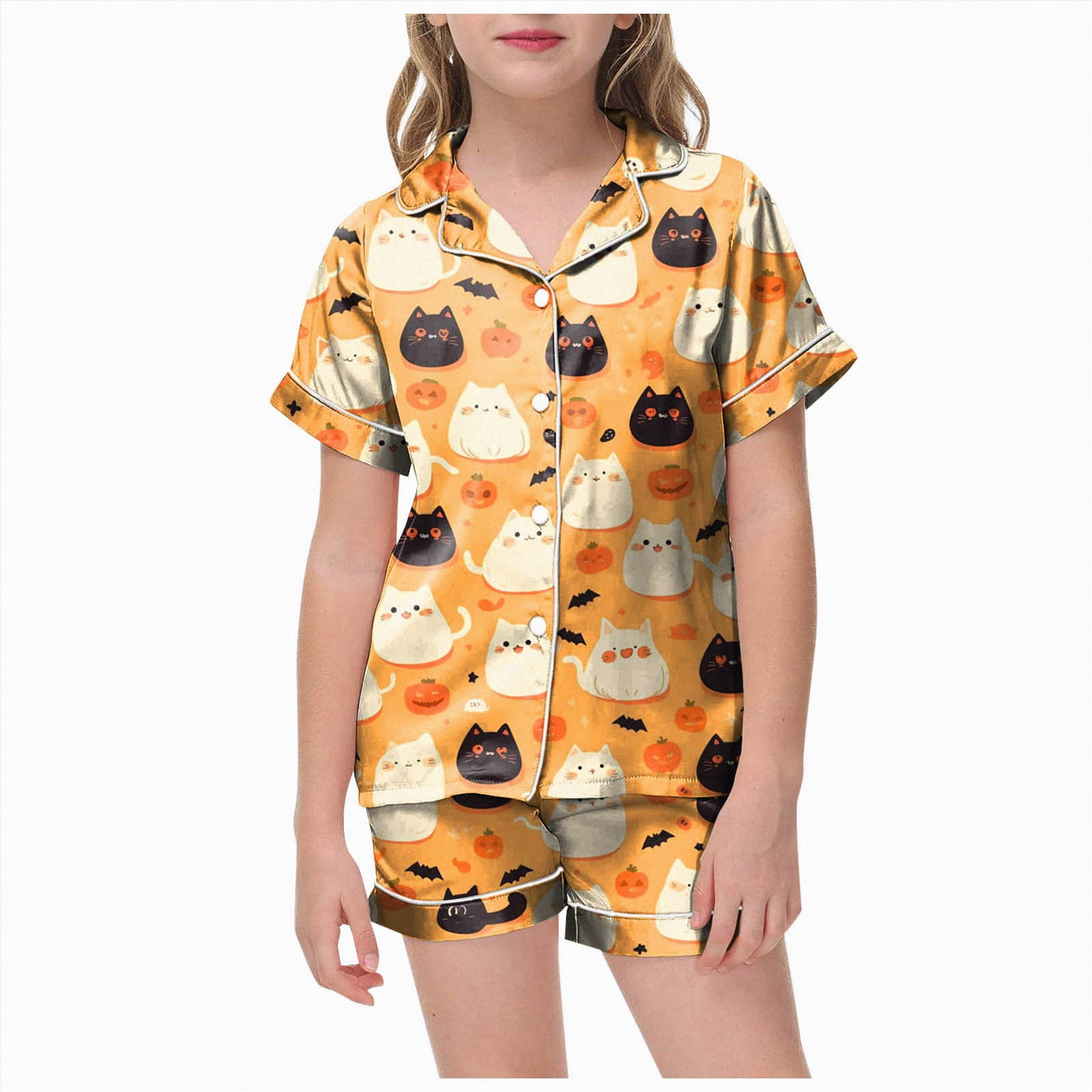 CAUYDY Halloween Pajamas Girl Silk Pajamas Button Up Shirt and Shorts ...