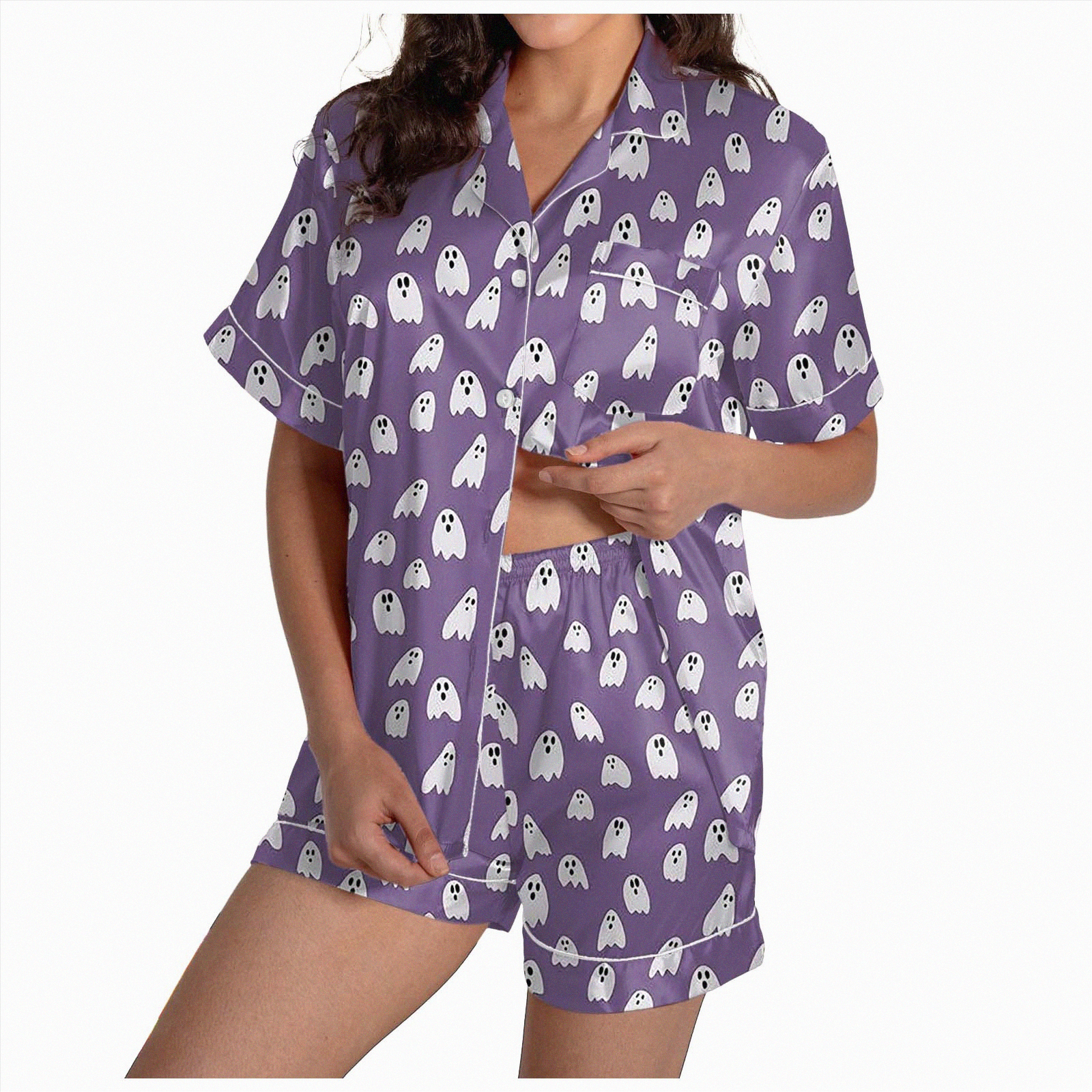 CAUYDY Halloween Pajamas Women Satin Button Up Shirt and Shorts Pjs ...