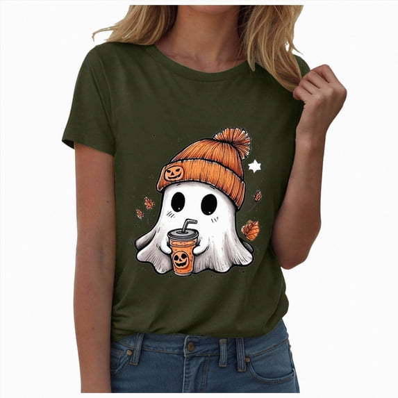 CAUYDY Halloween Shirt for Women Crew Shirt Cute Pumpkin Ghost Graphic ...