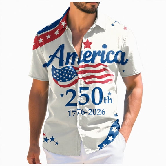 CAUYDY Mens 4th of July Summer Short Sleeve Hawaiian Shirt Stars Button ...