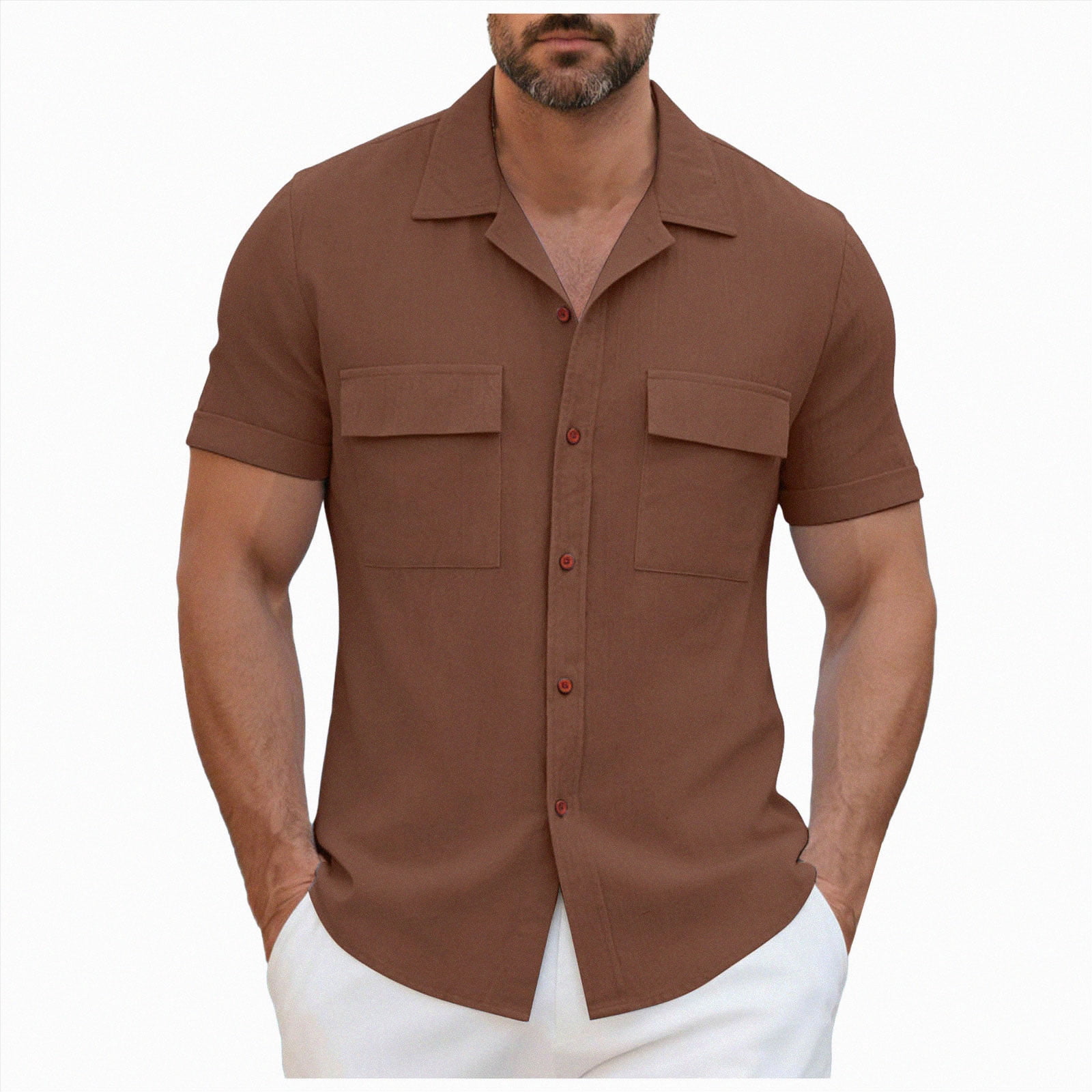 CAUYDY Mens Linen Shirt Short Sleeve Button Down Shirt Casual Summer ...