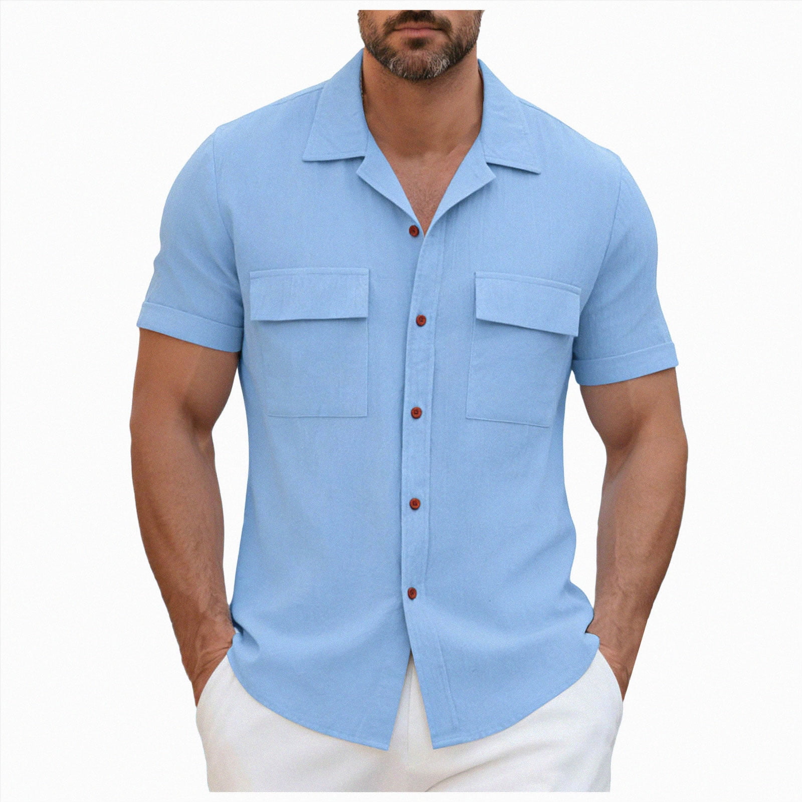 CAUYDY Mens Linen Shirt Short Sleeve Button Down Shirt Casual Summer ...