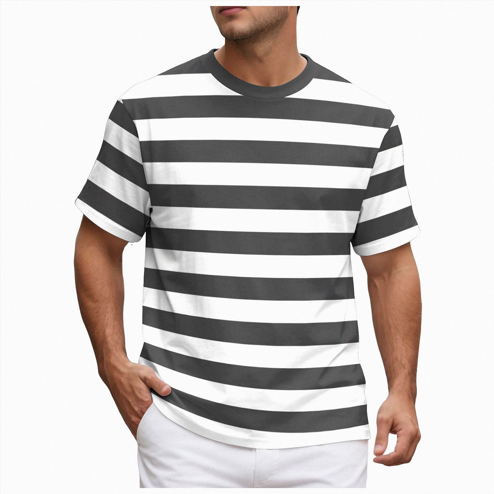 CAUYDY Mens Short Sleeve T-Shirts Striped Casual Crewneck Basic Shirt ...