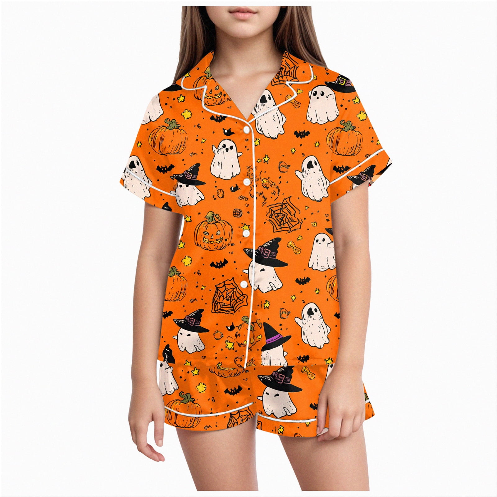 CAUYDY Pumpkin Ghost Pajamas For Girl Boy Halloween Short Sleeve Shorts ...
