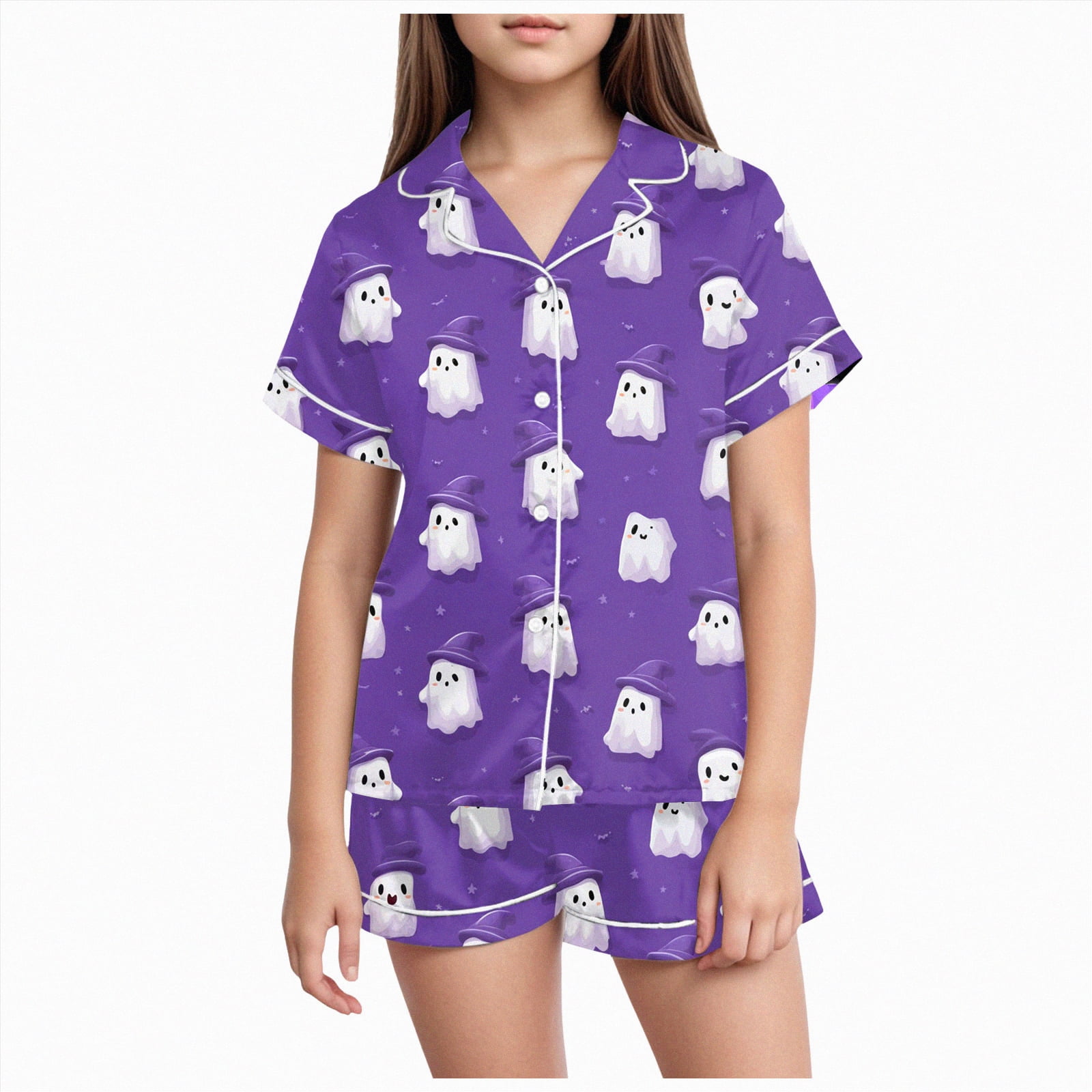 CAUYDY Pumpkin Ghost Pajamas For Girl Boy Halloween Short Sleeve Shorts ...