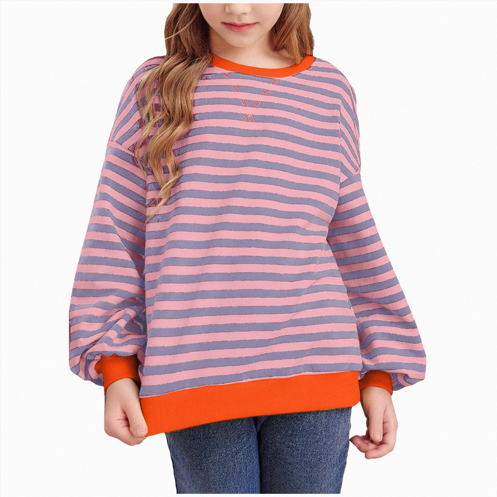 CAUYDY Teen Girl Boy Striped Oversized Sweatshirt Color Block Crew Neck ...