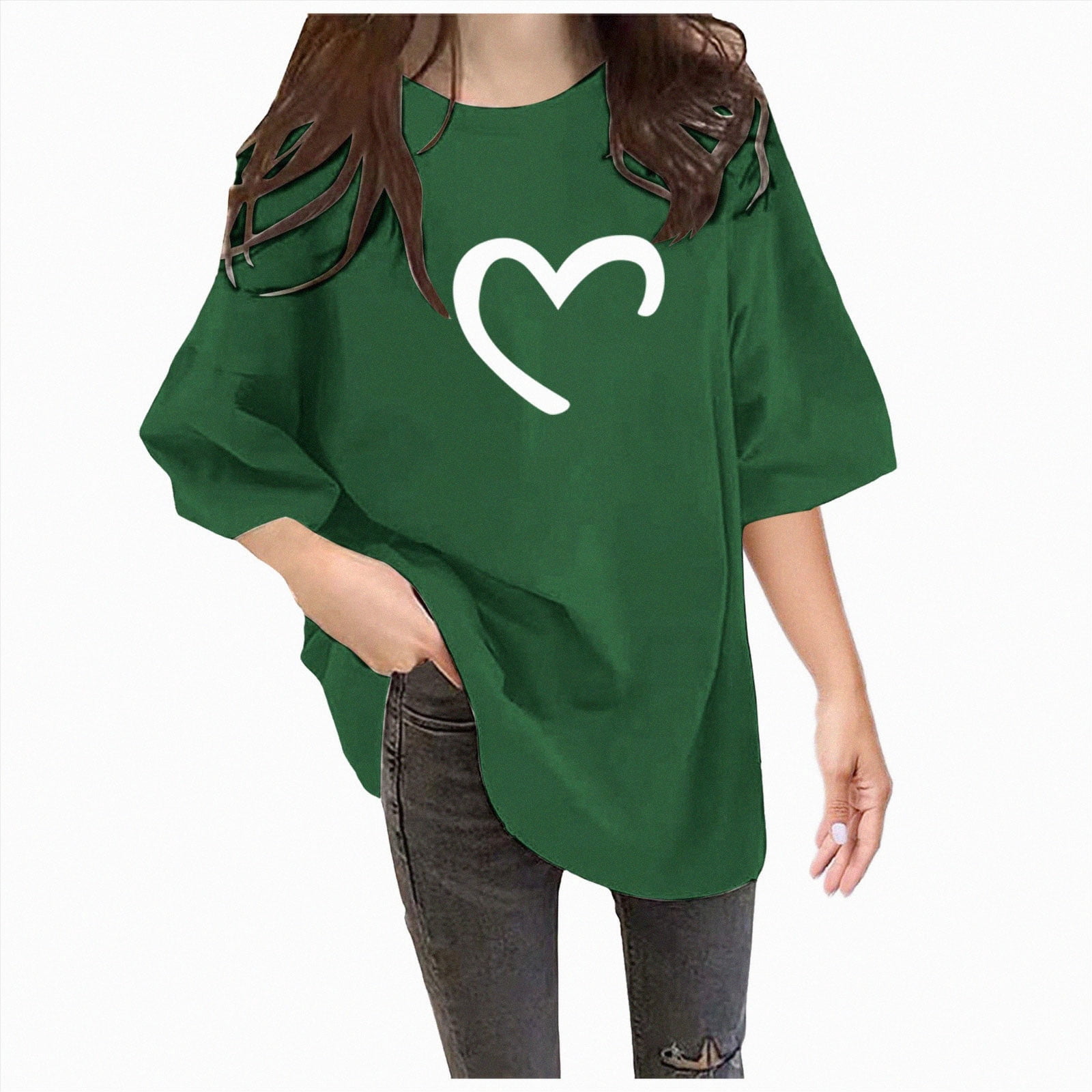 CAUYDY Women's Casual Heart Print Short Sleeve T Shirt Round Neck Basic ...