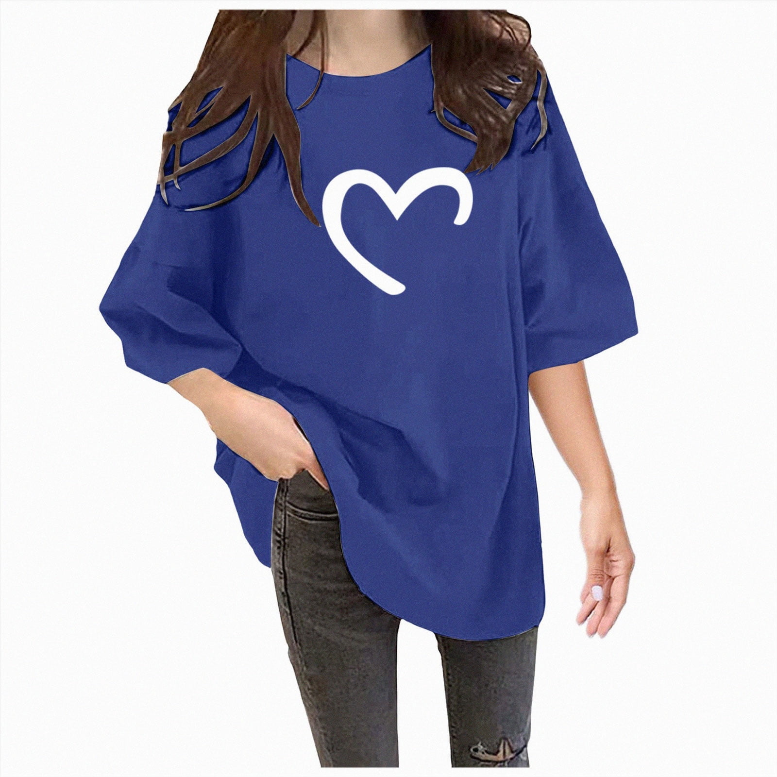 CAUYDY Women's Casual Heart Print Short Sleeve T Shirt Round Neck Basic ...
