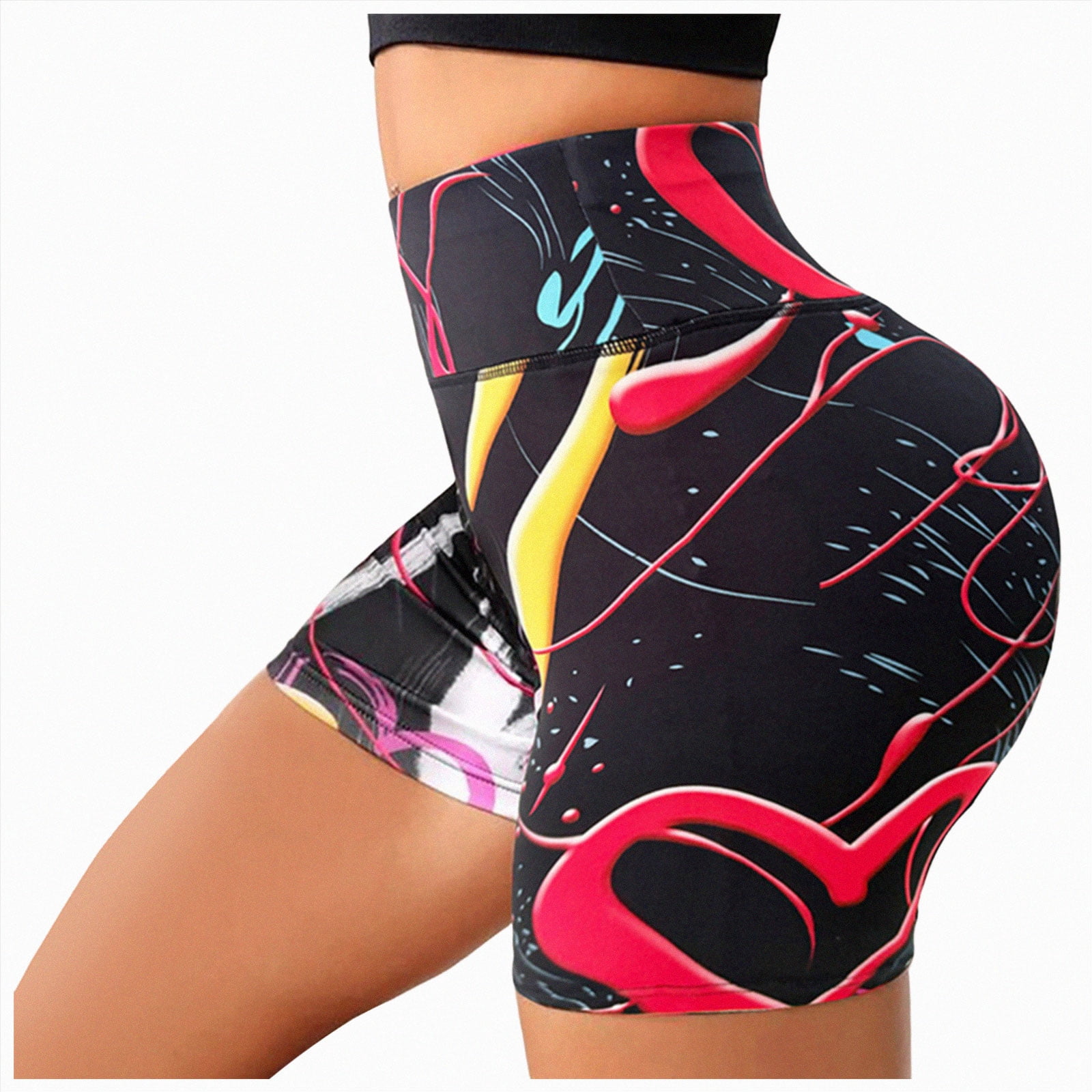 CAUYDY Women's High-Waisted Color Line Graffiti Biker Shorts - Stretchy ...
