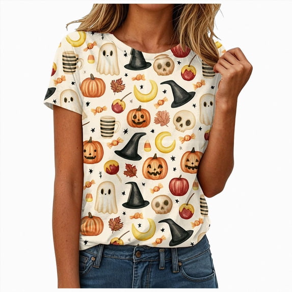 CAUYDY Womens Pumpkin Spooky Halloween Shirts Cute Short Sleeve Ghost ...