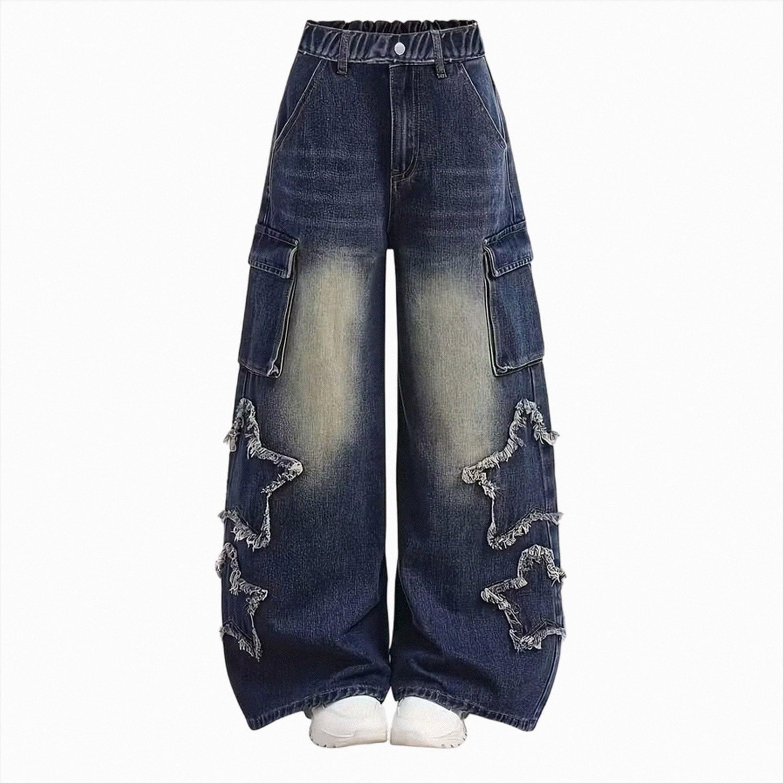 CAUYDY Y2K Girls' Vintage Washed Jeans with Distressed Star Patches ...