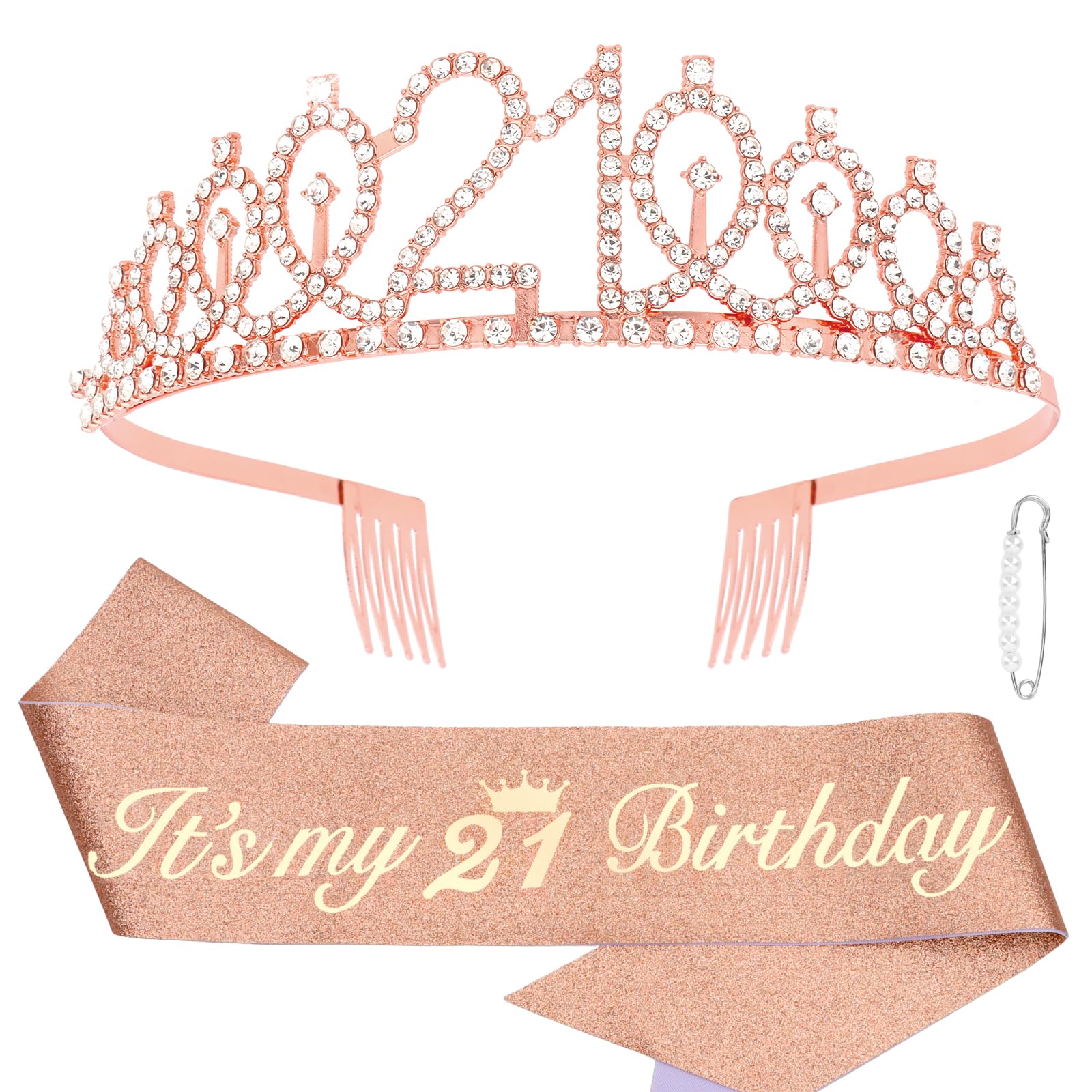 CAVETEE 21st Crown for Women, BSL1 Rose Gold Tiara and Sash for Women ...