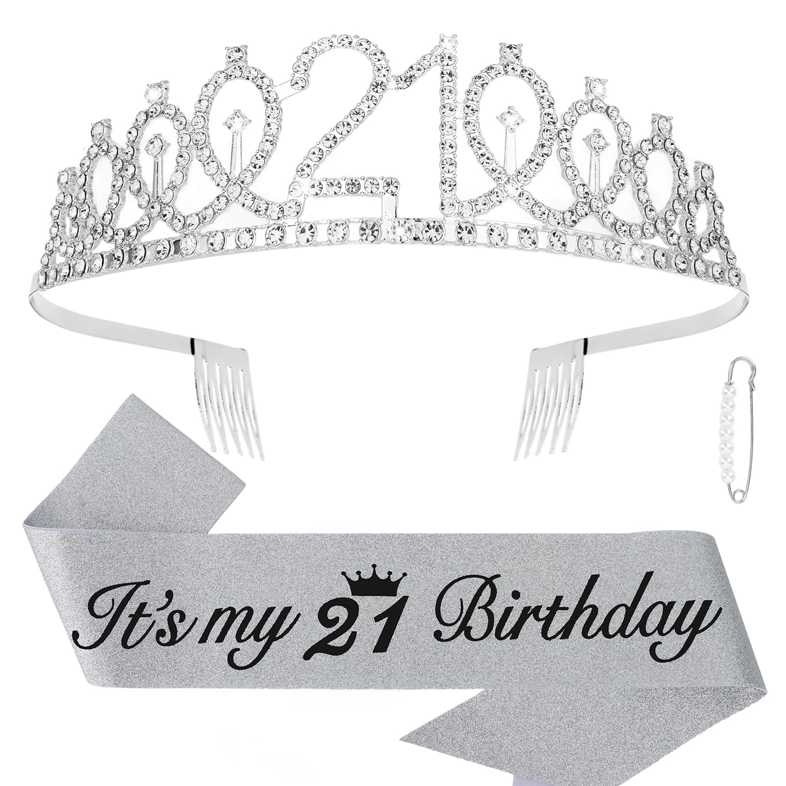 CAVETEE Silver 21st Birthday STF9 Crown and Sash for Women 21 Birthday ...