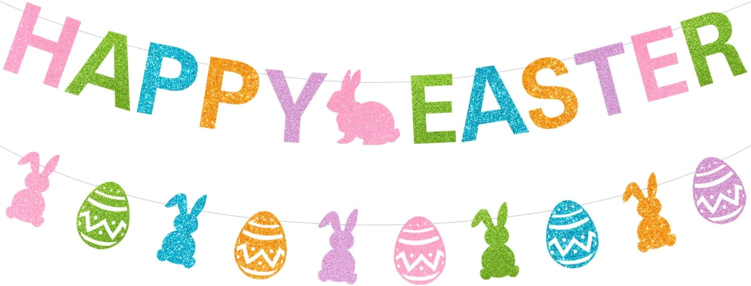CAVLA Glitter Happy Easter Banner and Colorful Glittery Bunny Rabbit ...