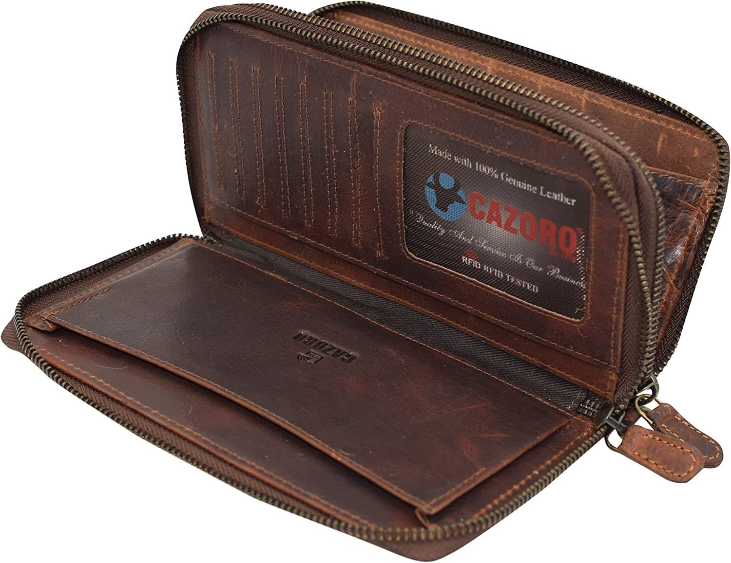 Cazoro Women's Vintage Leather RFID Blocking Wallet, Double Zipper ...