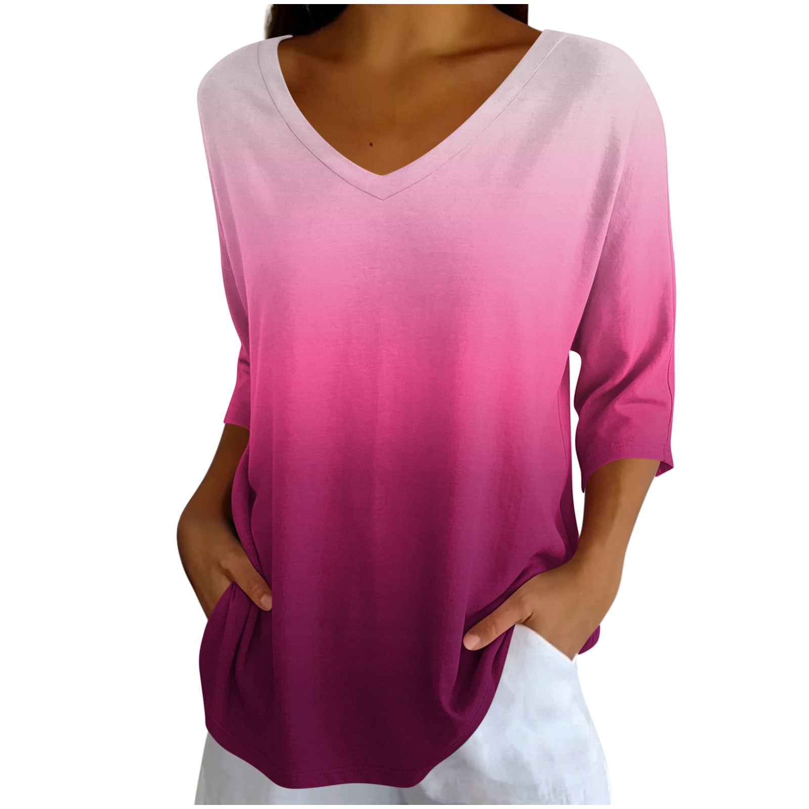 CBASIHI Womens 3/4 Length Sleeve Printed Blouses- V Neck Casual Relaxed ...