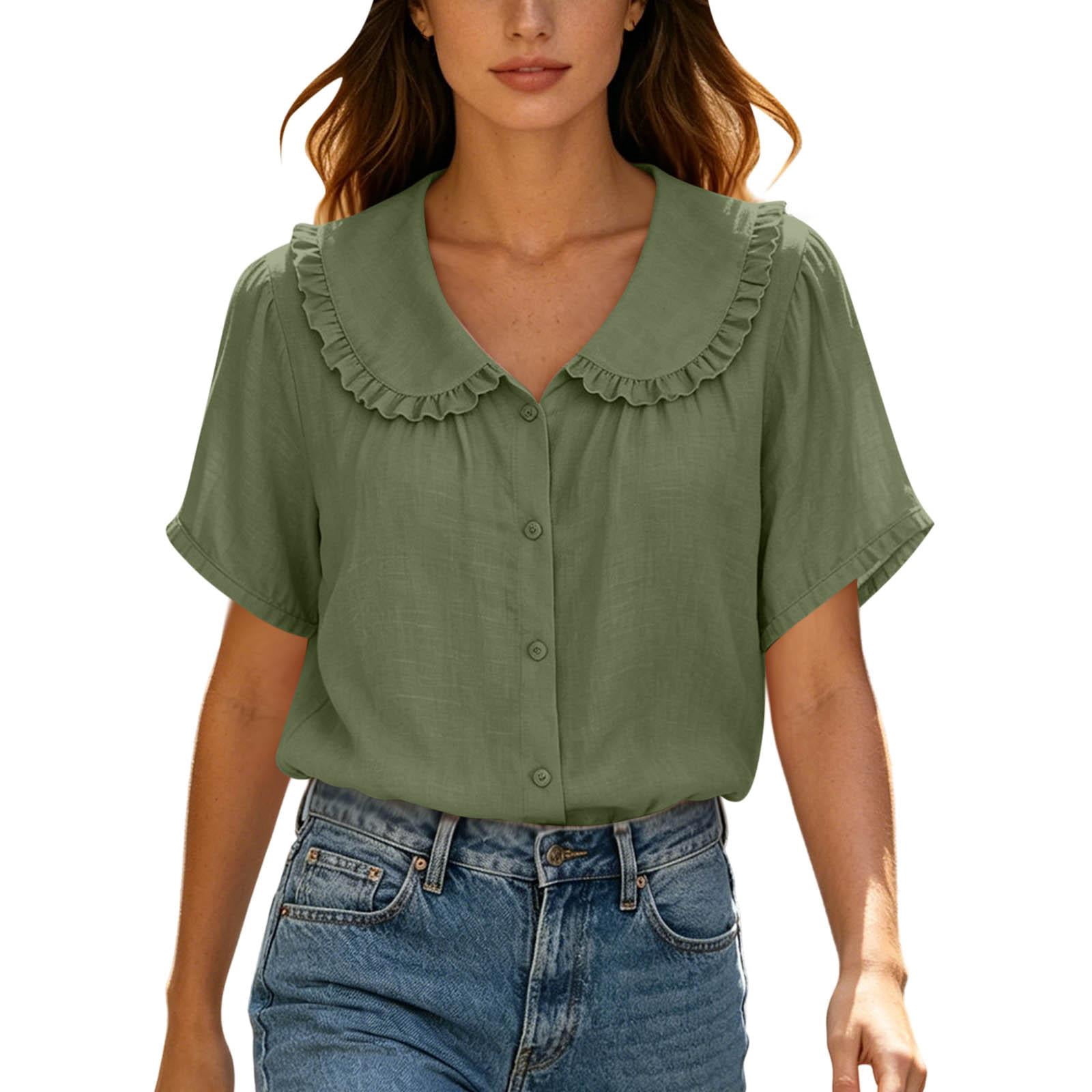 CBASIHI Womens Cotton Linen Button Down Shirts- Peter Pan Collar Short ...