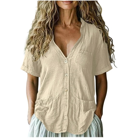 CBASIHI Womens Cotton Linen Button Down Shirts- Relaxed Fit Summer V ...