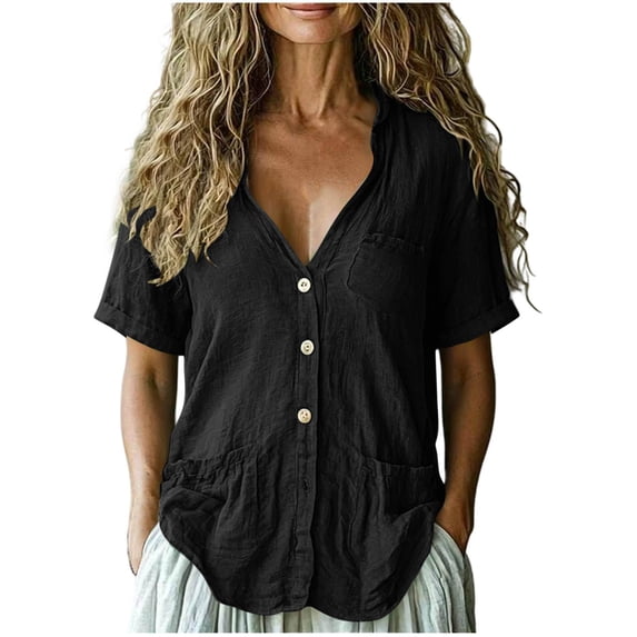 CBASIHI Womens Cotton Linen Button Down Shirts- Summer V Neck Relaxed ...