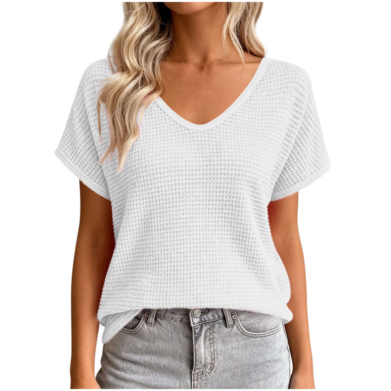 CBASIHI Womens Plus Size Waffle Knit Tunic Tops- Short Sleeve V Neck ...