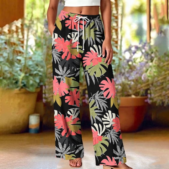 CBASIHI Womens Printed Wide Leg Pants with Pockets- Drawstring Elastic ...