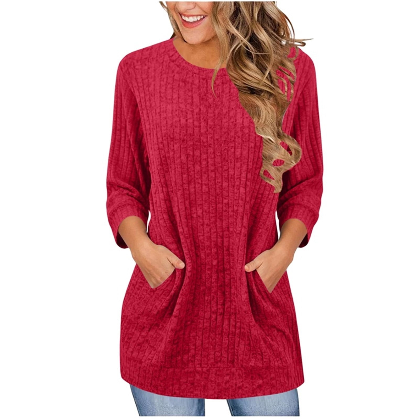 CBASIHI Womens Ribbed Knit Tunic Tops with Pockets- 3/4 Sleeve Casual ...