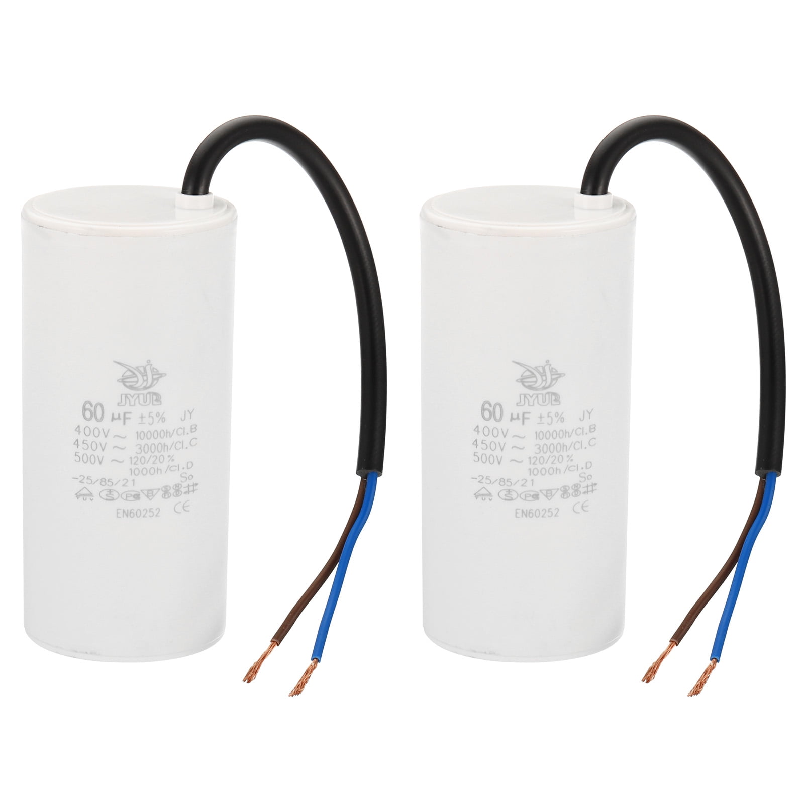 CBB60 60uf Running Capacitor,2Pcs AC 450V 2 Wires 50/60Hz Cylinder 105x48mm for Water Pumps ...
