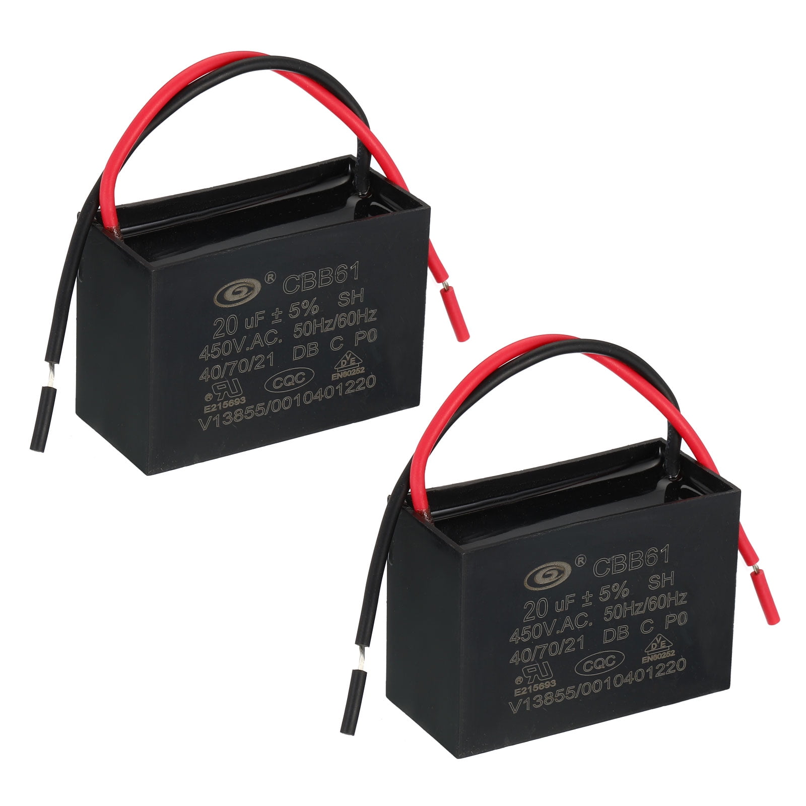 CBB61 Ceiling Fan Capacitor, 2Pcs 20uF 450V AC 50/60HZ with 2 Wires ...