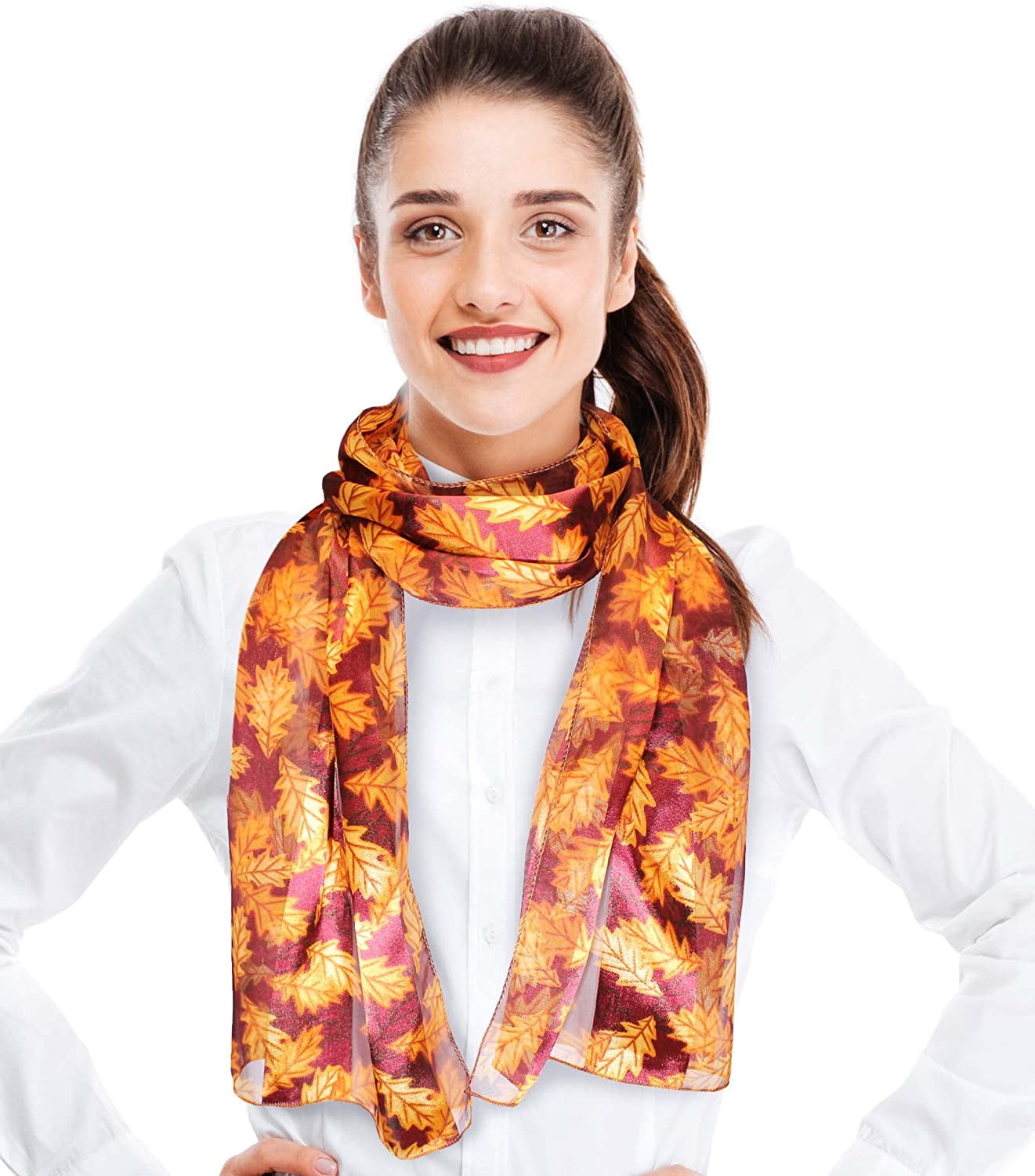 CBC Crown Women's Autumn Hawthorn Fall Leaves Leaf Pattern 13" x 60" Silk Feeling Scarf ...