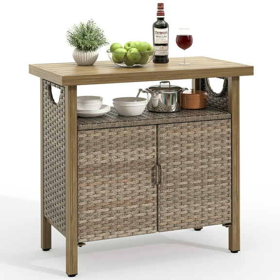 Dextrus Outdoor Patio Wicker Bar Counter Table, Wicker Storage Cabinet ...