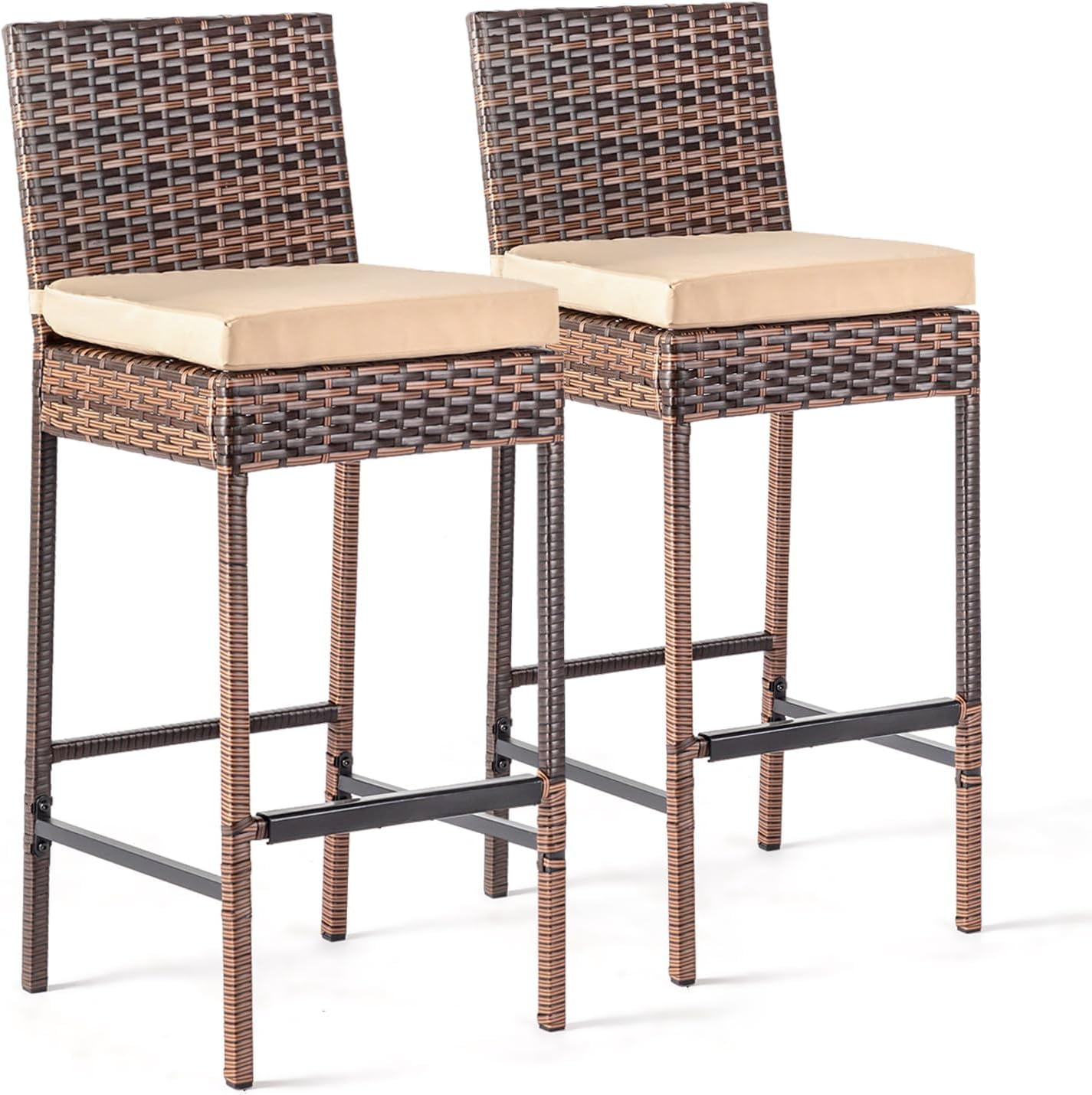 CBINGB Patio Wicker Barstools, Outdoor Bar Height Chairs with Seat Cushions & Footrests for ...