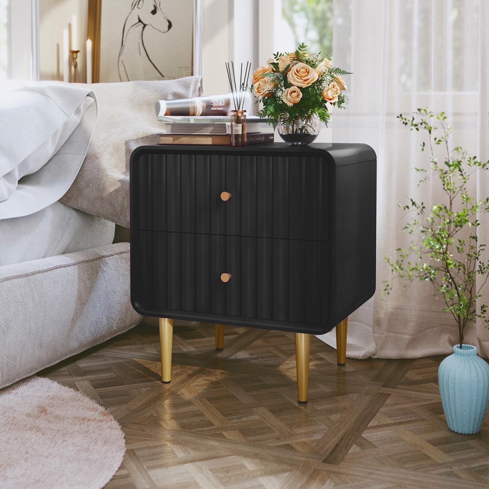 CBJCBJ 20" Modern Fluted Nightstand Set of 1, black Wood Bedside Table ...