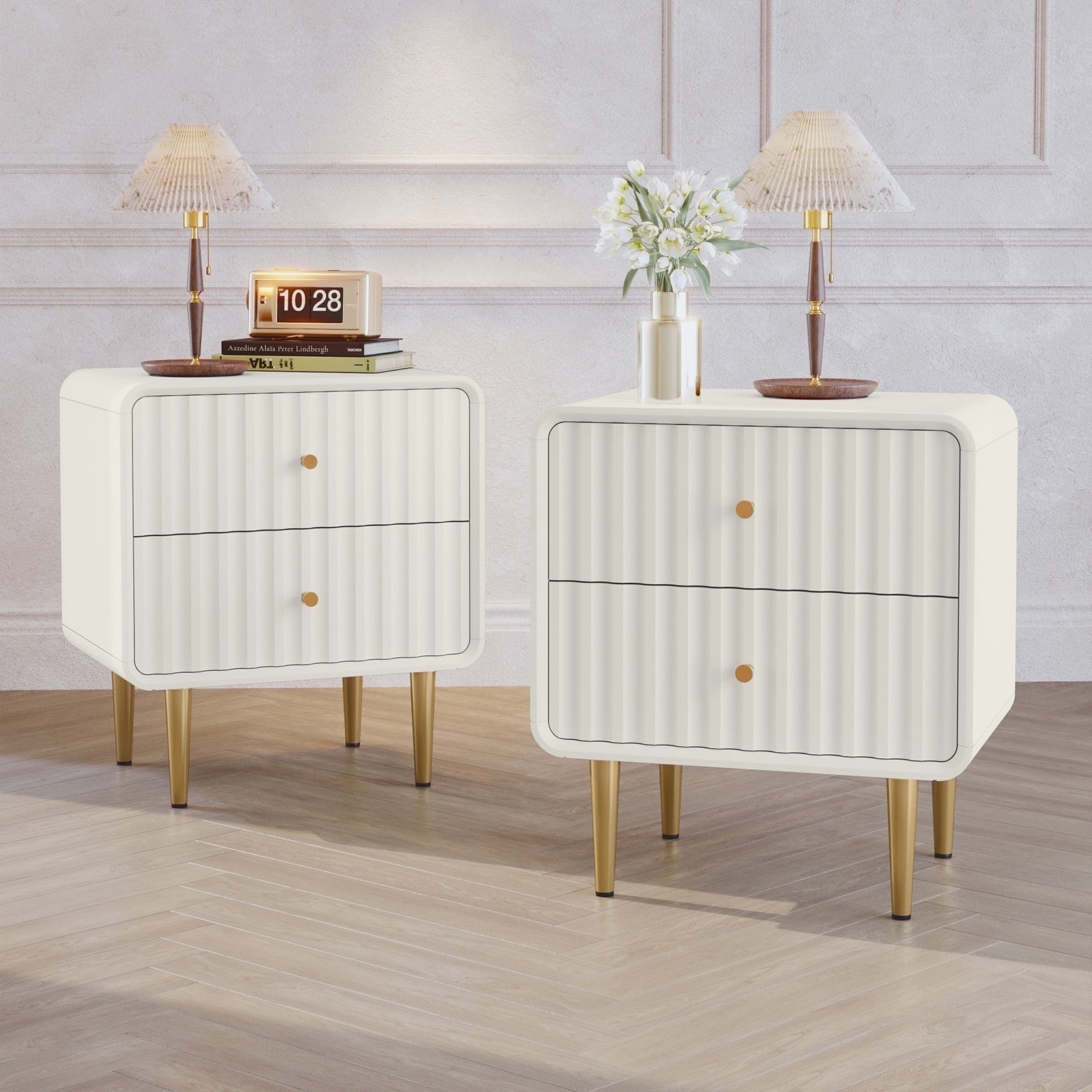 CBJCBJ 20" Modern Fluted Nightstand Set of 2, White Wood Bedside Table ...