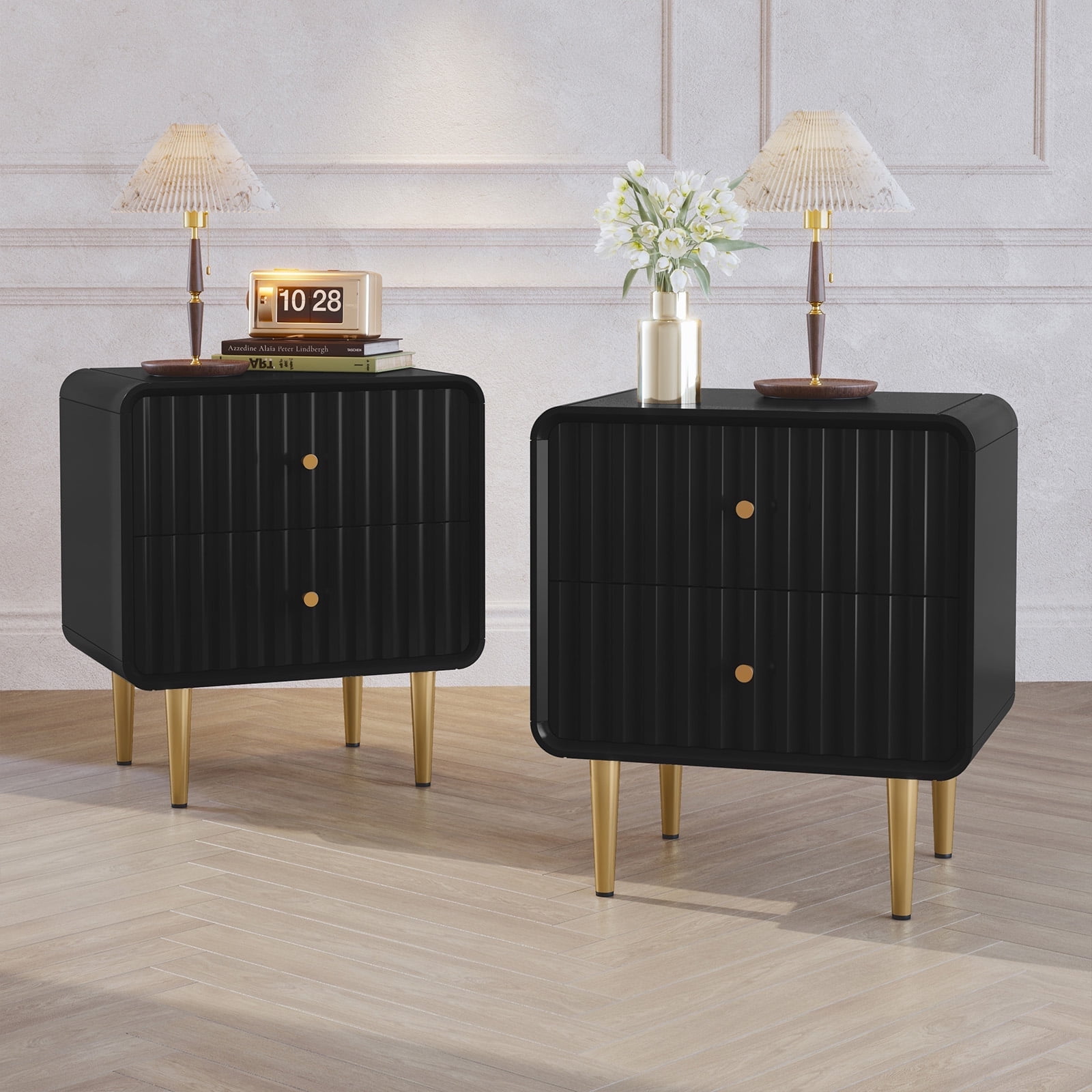 CBJCBJ 20" Modern Fluted Nightstand Set of 2, black Wood Bedside Table ...