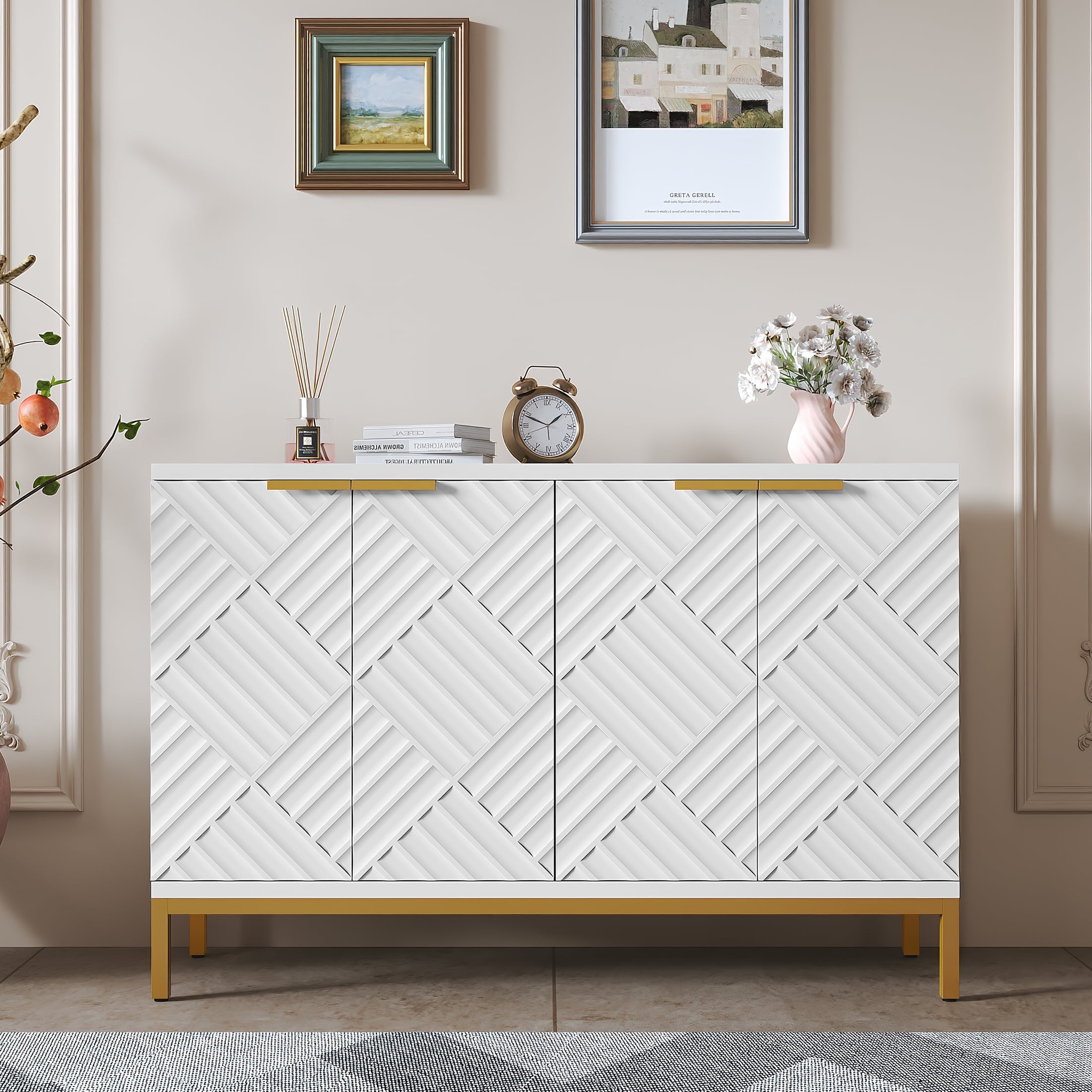 CBJCBJ 48" Farmhouse Style 3D Embossed Sideboard | Four-Door Storage ...