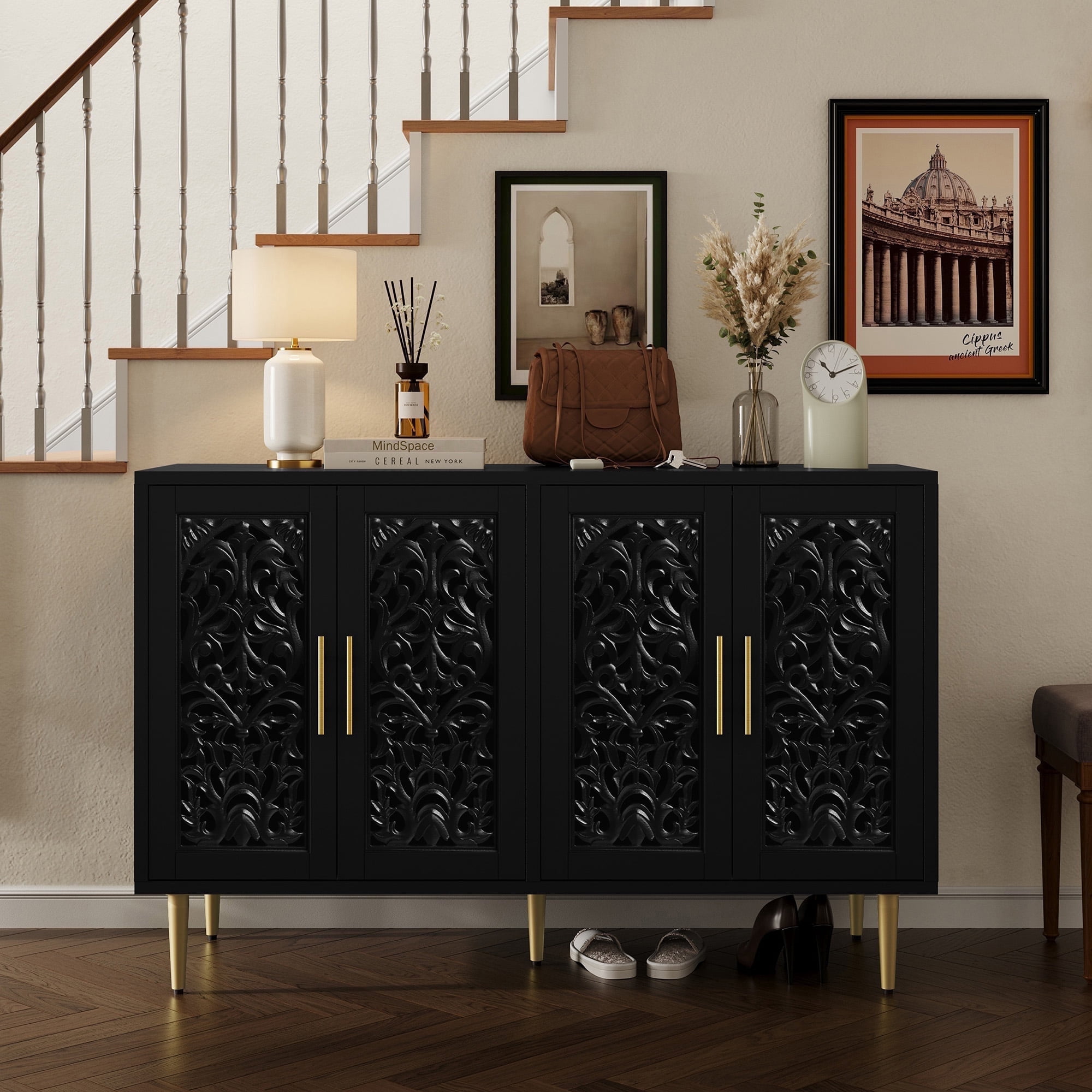 CBJCBJ 48″ Retro Storage Cabinet with 4 Doors, Hollow Carved Buffet ...
