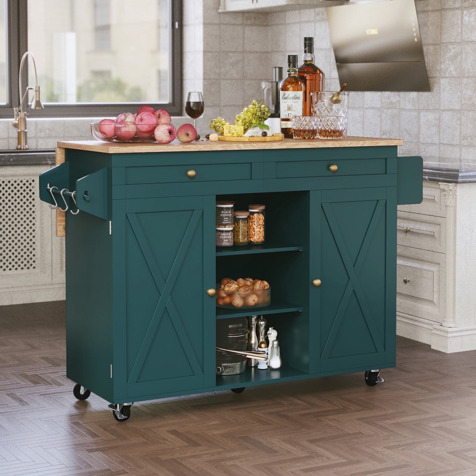 CBJCBJ Rolling Kitchen Island with Adjustable Shelf and Storage Doors ...