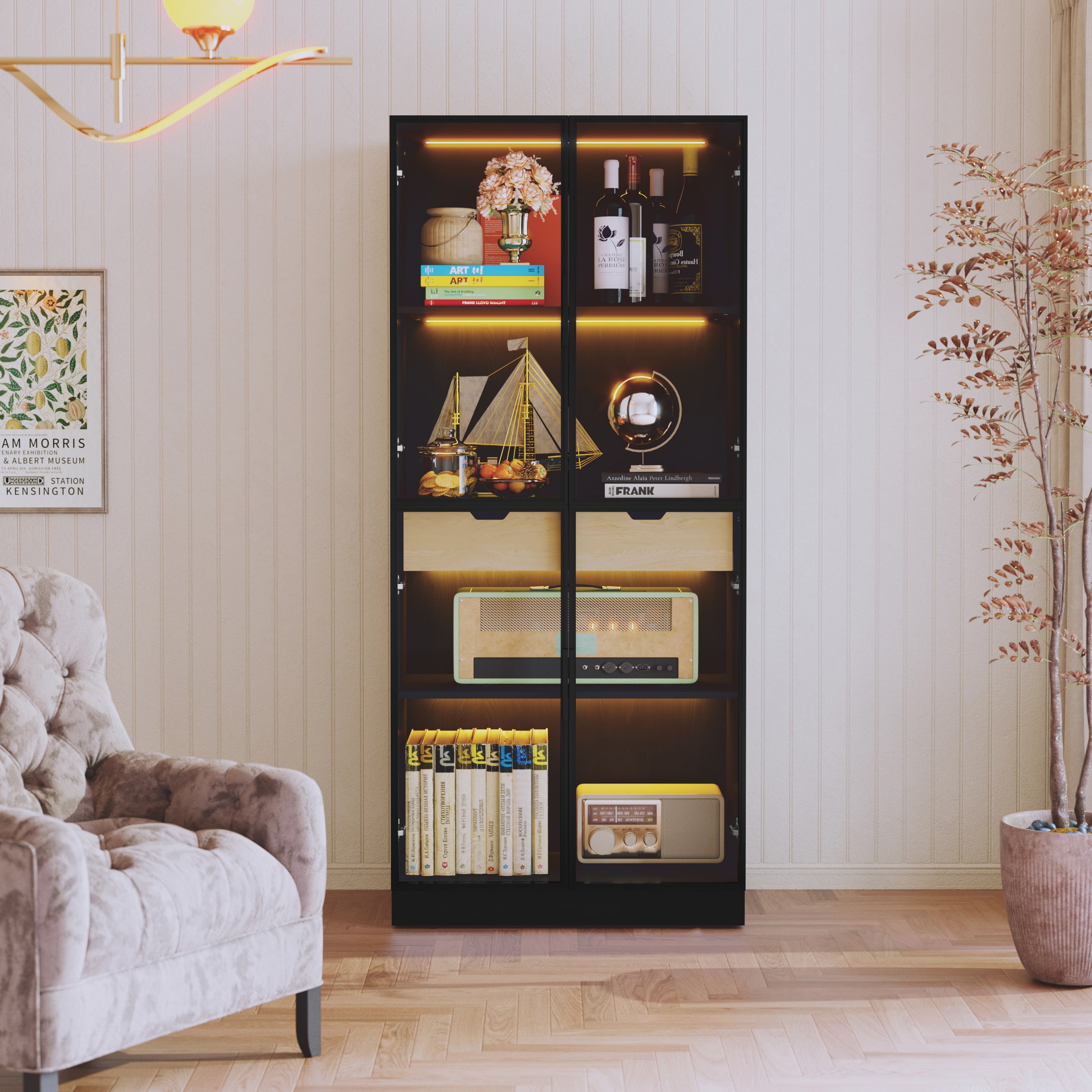 CBJCBJ 68.3" Tall Bookcase Display Cabinet with Glass Doors and Drawer ...