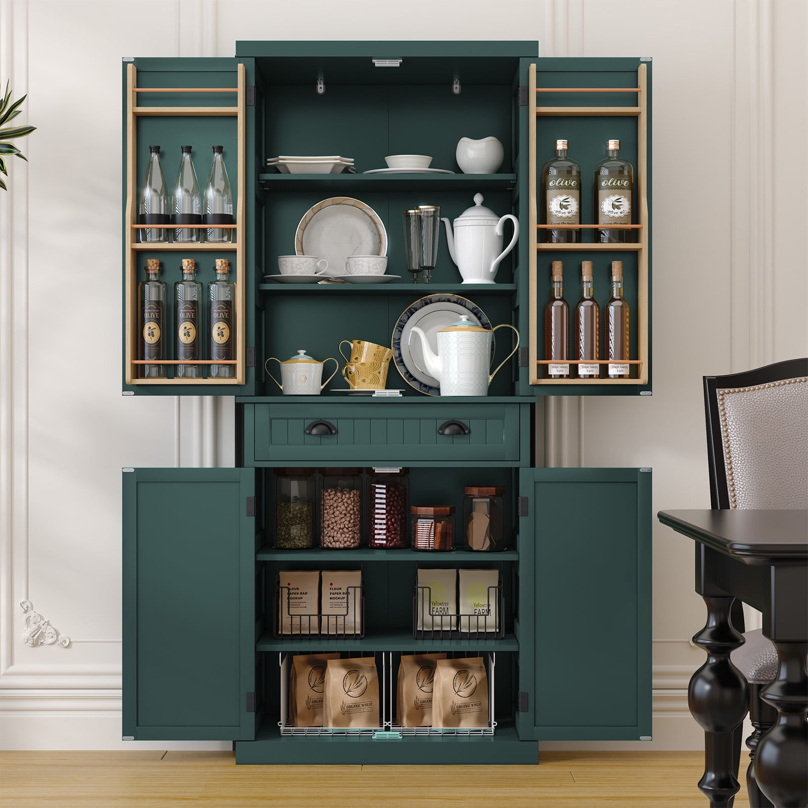 CBJCBJ 72" Wood Pantry Cabinet - 4 Doors& Central Storage Space Drawer ...