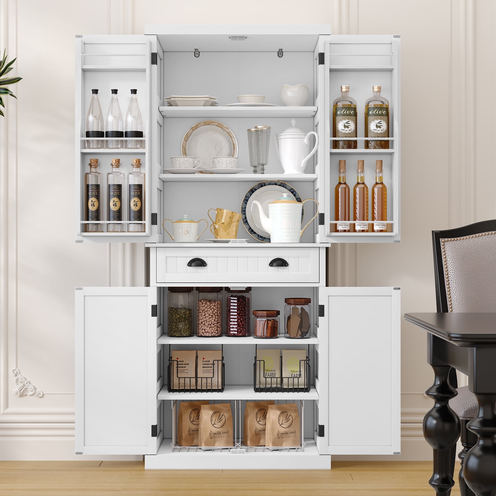 CBJCBJ 72" Wood Pantry Cabinet - 4 Doors& Central Storage Space Drawer ...