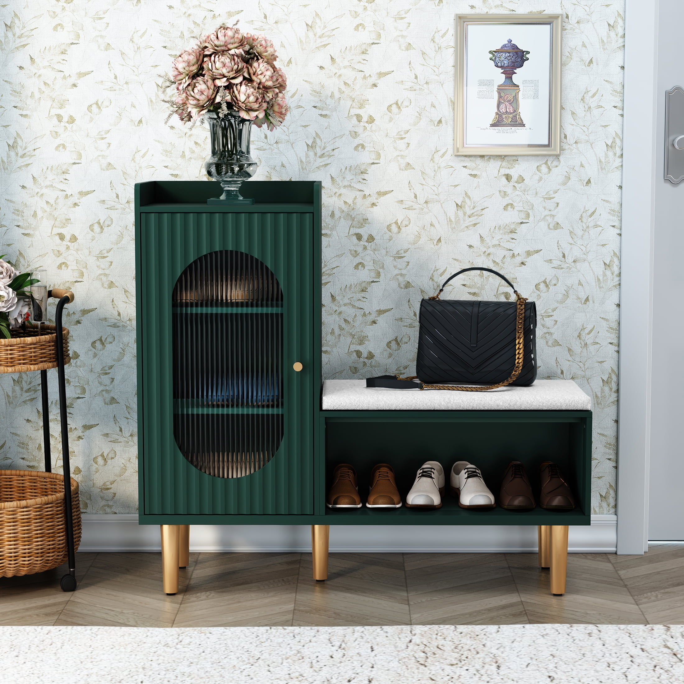 CBJCBJ Storage Bench with Glass Door&Shelf, Modern Entryway Shoe ...