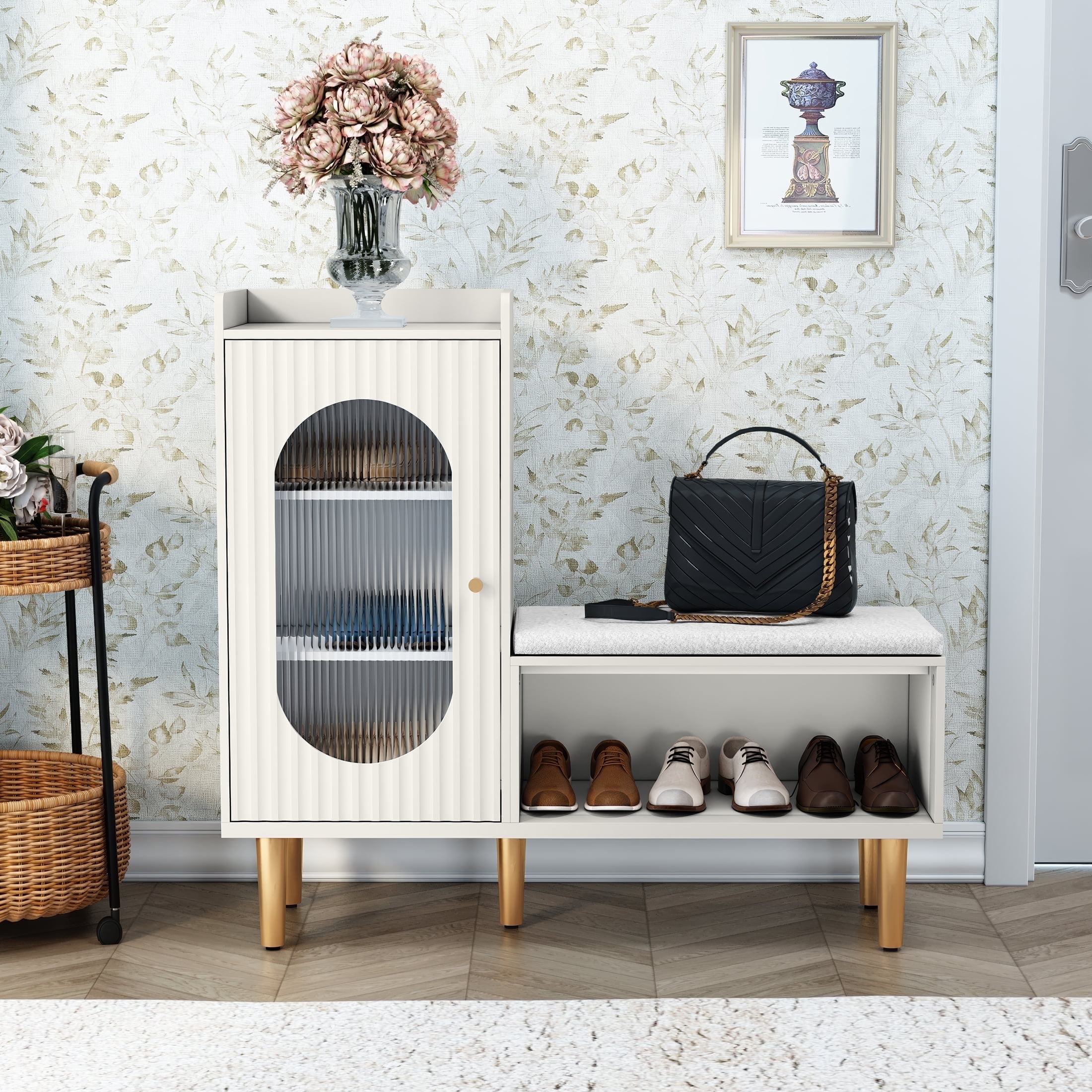 CBJCBJ Modern Storage Bench with Glass Door & Shelf - L-Shaped Entryway ...