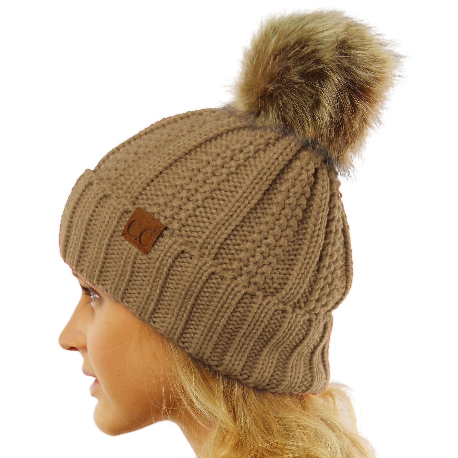 CC Brand Pom Thick Beanie Sherpa Lined Chunky Knit Stretch Women's ...