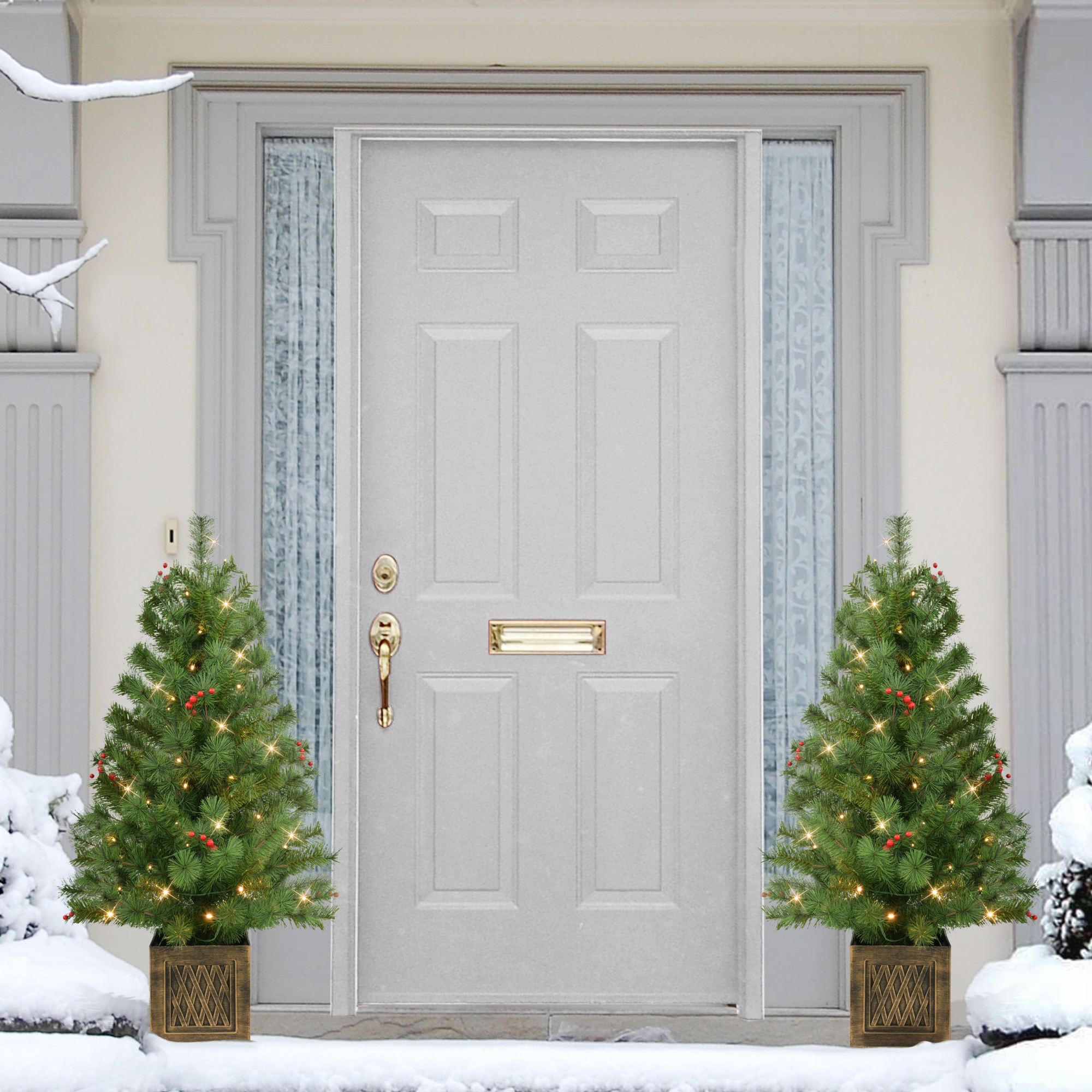 CC Christmas Decor Pre-Lit B/O Berries and Pine Potted Christmas Trees ...