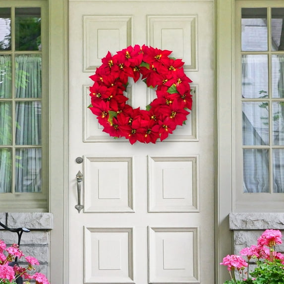 CC Christmas Decor Pre-Lit Red Poinsettia Artificial Christmas Wreath ...