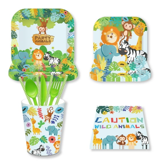 CC HOME Jungle Animal Theme Party Tableware Set Serves 24 Disposable ...